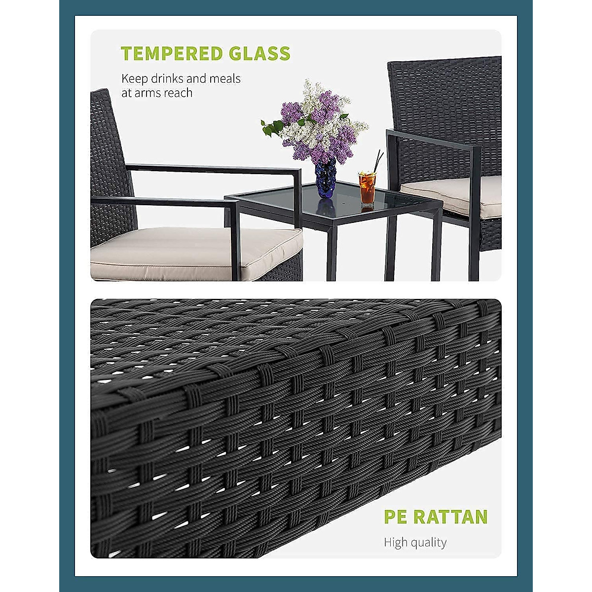 FDW Wicker Bistro Rattan Chair Conversation Sets for Yard Lawn Balcony Poolside Backyard,Black