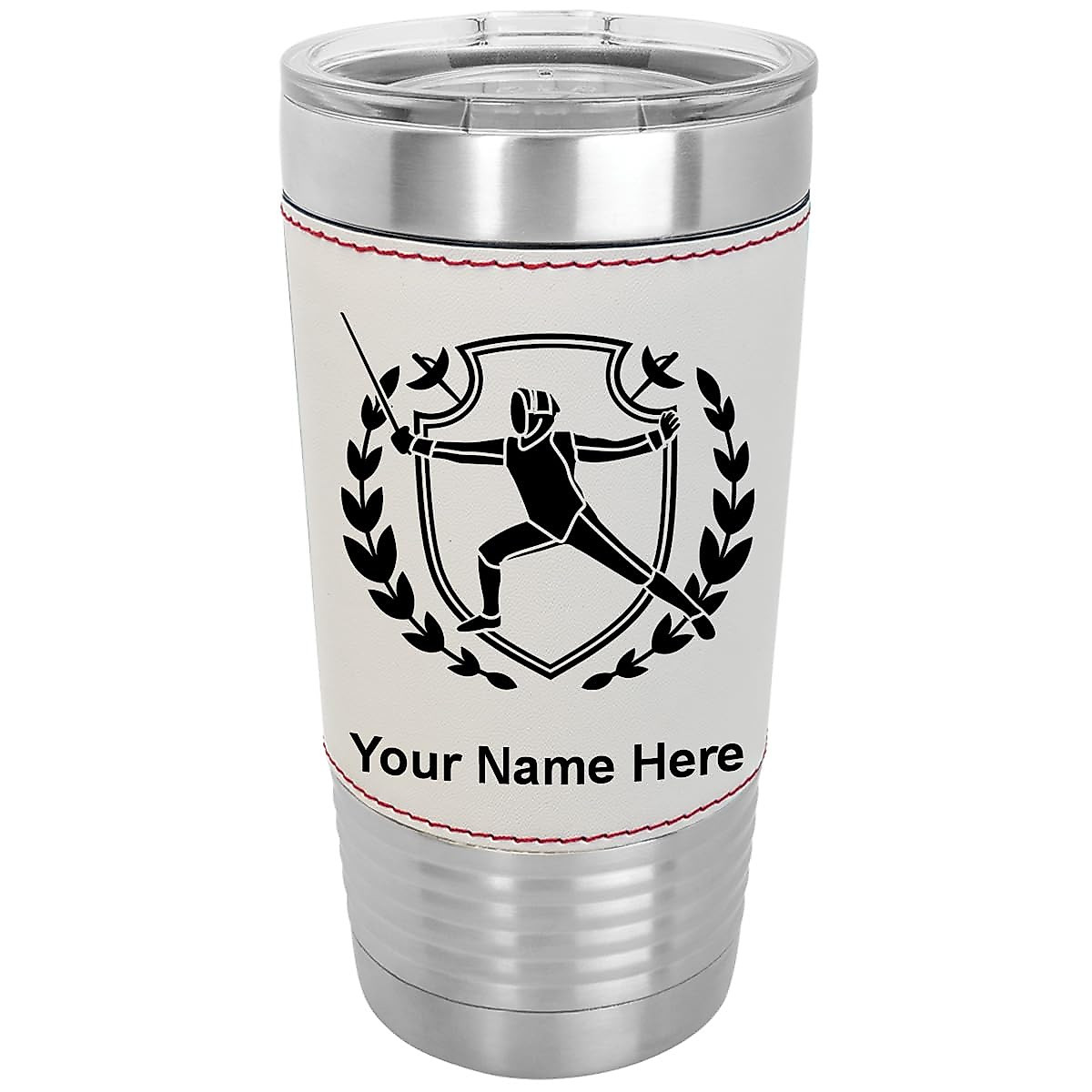 LaserGram 20oz Vacuum Insulated Tumbler Mug, Fencing, Personalized Engraving Included (Faux Leather, Baseball Style)