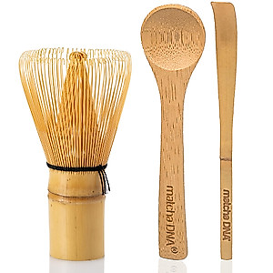 Bamboo Matcha Whisk with Bamboo Spoon and Hooked Bamboo Scoop (Chashaku) Set by MATCHA DNA - Traditional Matcha Whisk Made from Durable and Sustainable Golden Bamboo for Matcha Tea Preparation