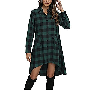 olrain Womens Plaids V Neck Long Sleeve Irregular Hem Casual Shirt Dress (Large, Green)