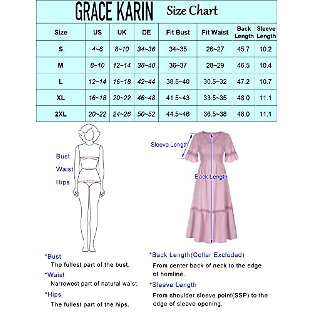 GRACE KARIN Women's V Neck Short Bell Sleeve Smocked Tiered Dress Elastic Waist Lace Patchwork Ruffle Dress White XL