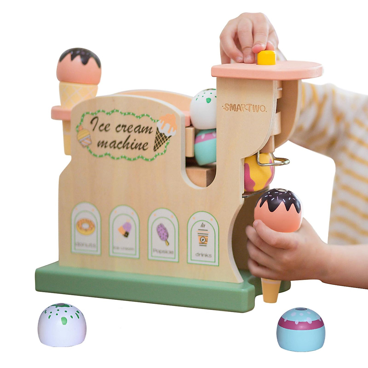 Smartwo Wooden Ice Cream Maker Toy Set for Toddler, Pretend Play Kitchen Food Accessories, Counter Playset for Kids, Christmas Birthday Gift for 3 4 5 6 Years Old Child