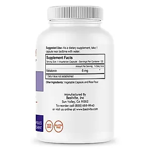 BESTVITE Melatonin 6 mg - 120 Veg Caps - No Stearates - No Sucralose, No Dextrose, No Silicon Dioxide, No Mannitol - Vegan - Non-GMO - Gluten-Free