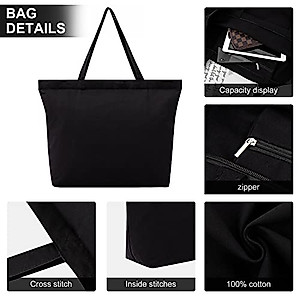 Pshet 1|2 Pack 21'' Canvas Tote Bag Zipper Cotton Bag with Inner Pocket Reusable Grocery Shopping Bag 12oz Cloth Bag DIY Gift,black,pack of 1