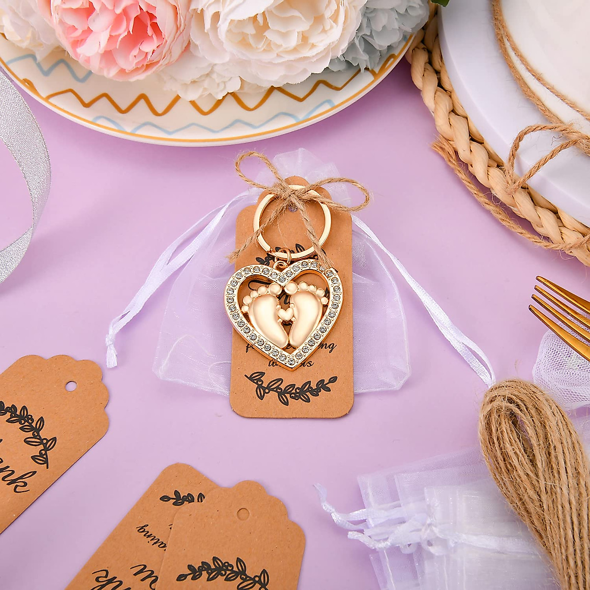24 Pieces of Caring Foot Design Keychain and Keyring Favored for Baby Showers and Weddings, Party Gifts, Souvenirs or Decorations, with Labels and Silk Bags