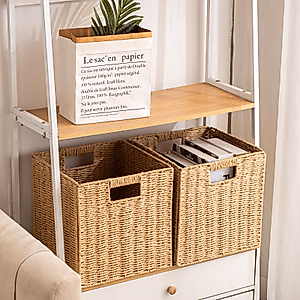 Foldable Storage Baskets with Handles Paper Rope Storage Baskets Rectangle Collapsible Hand Woven Storage Cubes Bins for Organizing Shelves Living Room Bedroom Pantry (4, 13'' x 13'' x 13'')