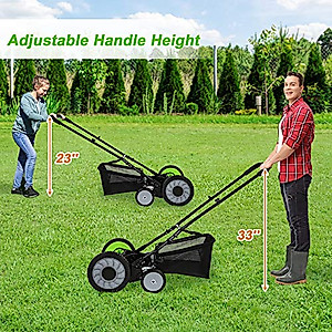 16-Inch 5-Blade Cordless Manual Reel Lawn Mower, Adjustable Cutting/Handle Height Grass Cutter with Grass Catcher, Green