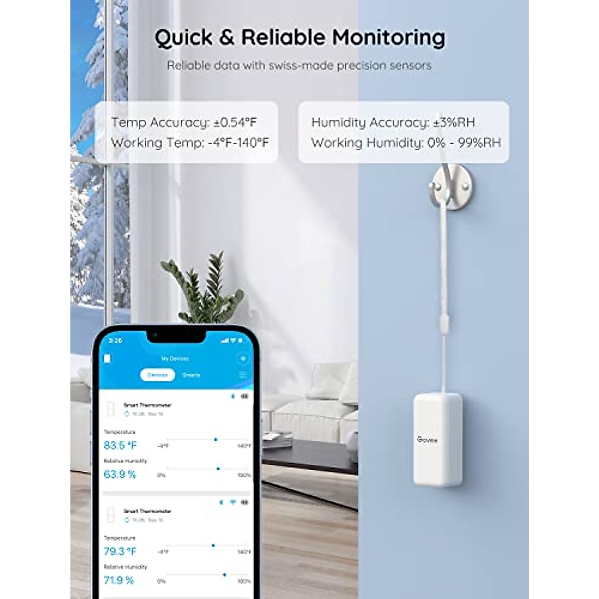 Govee WiFi Hygrometer Thermometer 3 Pack H5151, Indoor Wireless Smart Temperature Humidity Sensor Monitor with Remote App Notification Alert, 2 Years Free Data Storage Export, for Home, Greenhouse
