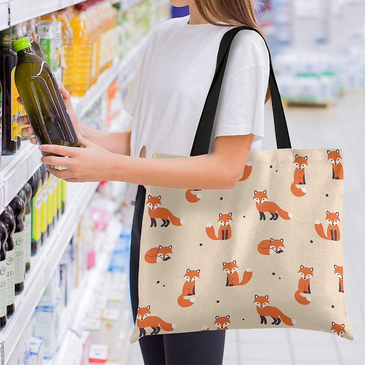 visesunny Women's Large Canvas Tote Shoulder Bag Fox Animal Top Storage Handle Shopping Bag Casual Reusable Tote Bag for Beach,Travel,Groceries,Books