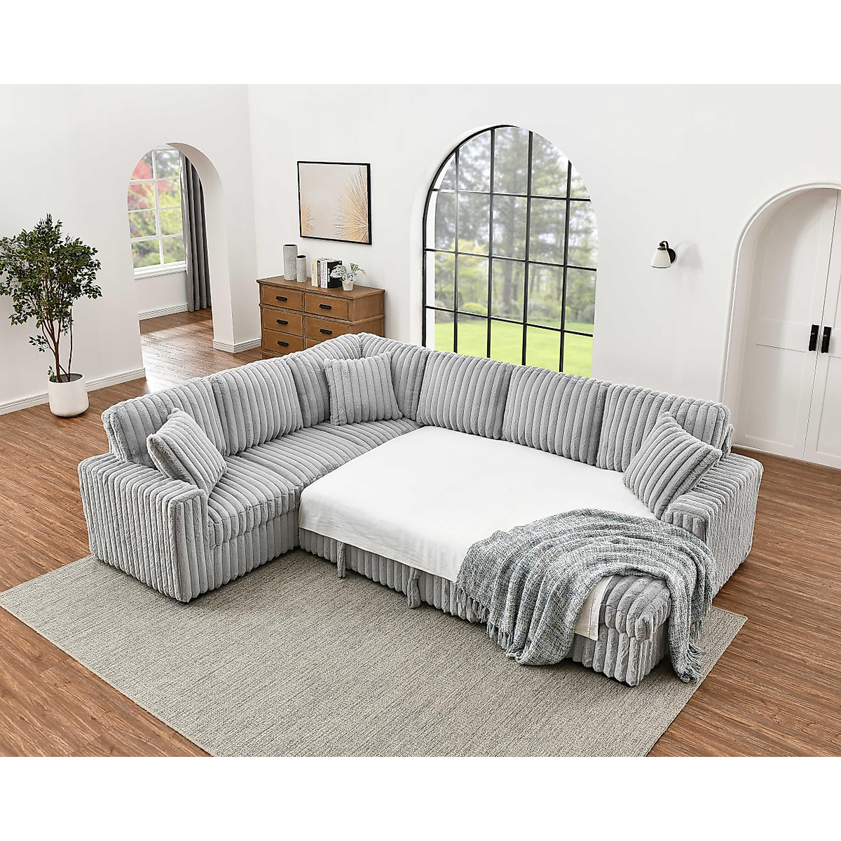 DEINPPA 122 Inch Sleeper Sofa Couch with Pullout Bed, Chunky Furry Corduroy Sectional Sofa with Storage Chaise and Charging Ports, Large Sectional Couches for Living Room-Grey