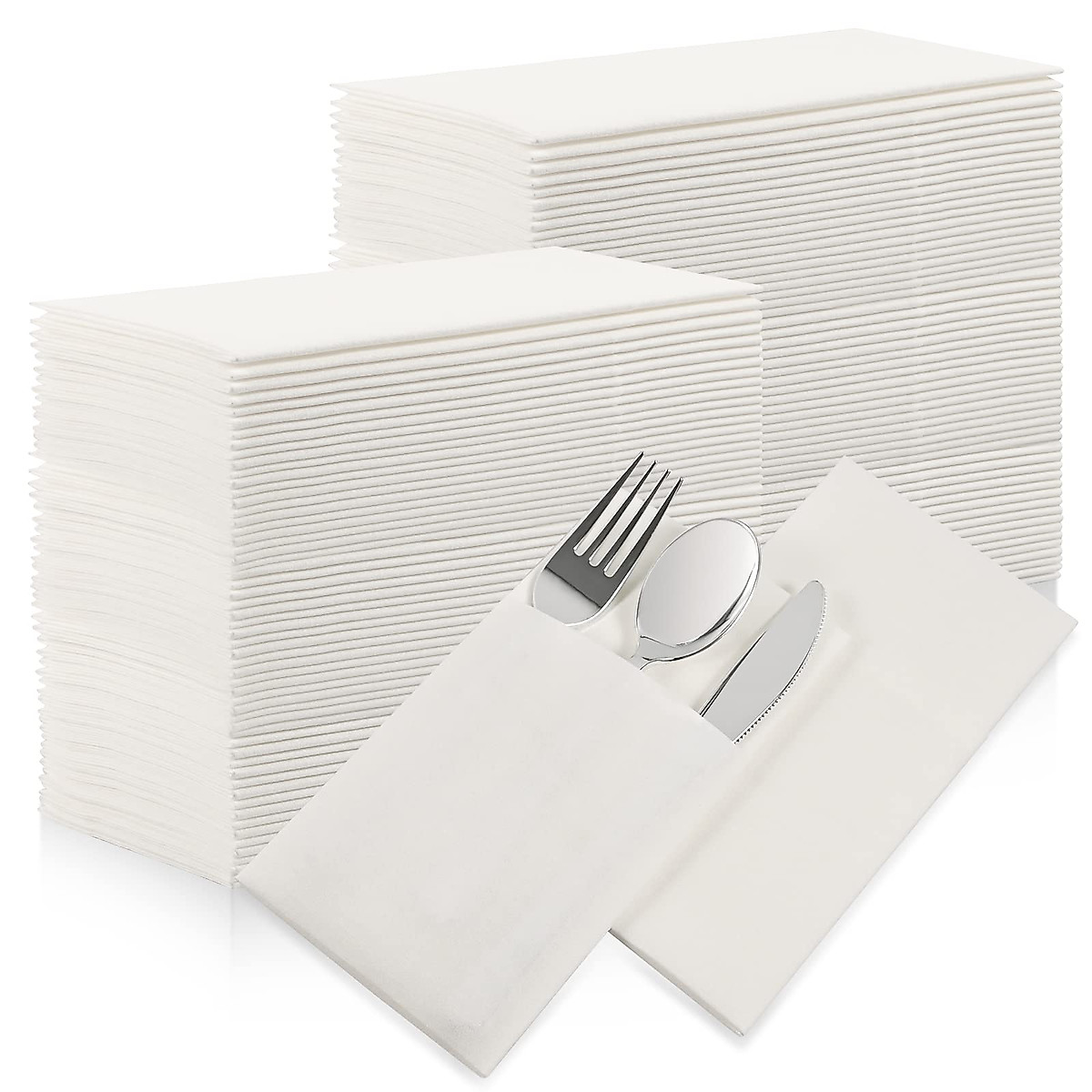 White Dinner Napkins Disposable - 100Pack Linen-Feel Paper Napkins with Built-in Flatware Pocket, Prefolded Cloth Like Paper Napkins Bulk For Dinner, Wedding, Party or Everyday Use