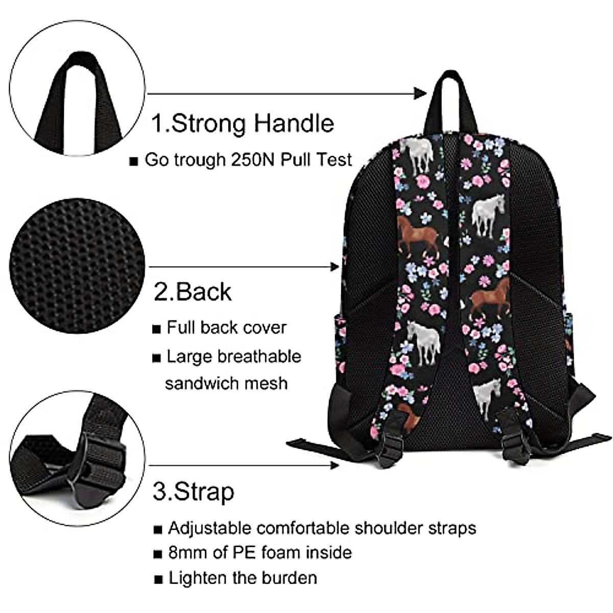 Horse Backpacks for Girls, 17 Inch School Backpack, Lightweight Bookbags for Girls, Large Capacity Book Bags for Kids, Casual Daypack with 15 Inch Laptop Compartment for College, Office or Travel