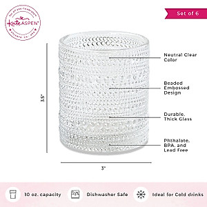 Kate Aspen Beaded Drinking Glasses Set of 6, 10 oz Retro Vintage Glassware - Boho Cocktail Water Juice Glasses, Hostess or Housewarming Gift