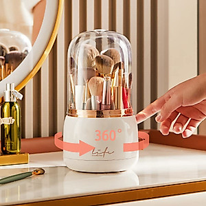 CAFINY 360 Rotating Makeup Brush Holder Organizer with Lid Large Capacity Cosmetic Brush Organizer with 7 Compartments Brush Display Bucket for Vanity