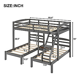 TARTOP Full Over Twin Bunk Bed with Small Drawers & Ladder for Kids/Adults Bedroom,3 in 1 Triple Bunkbed,Solid Pinewood Bedframe w/Safety Guardrals,Space Saving Design & No Box Spring Needed, Gray