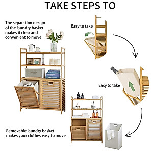 Baveke Tilt Out Laundry Hamper, Bamboo Hamper with 2 Removable Bags, Pull Out Laundry Hamper Cabinet, Bathroom Storage Shelf for Laundry Room, Living Room, Bedroom (3-Tier, Natural)