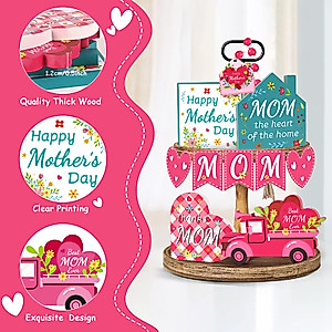 Mother's Day Centerpiece Table Decorations Happy Mother's Day Party Centerpieces Wooden Table Signs Thank You Mom Tiered Tray Decor Flower Heart Mom Party Supplies for Mother's Gift