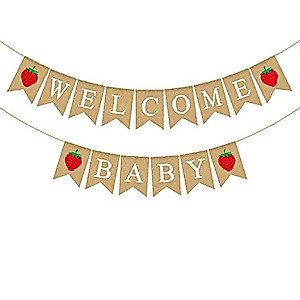 Rainlemon Jute Burlap Welcome Baby Banner with Strawberry Baby Shower Party Bunting Garland Decoration