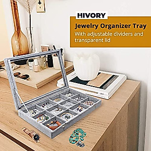 Hivory Bracelet Bangles & Jewelry Accessories Organizer Tray with Transparent Lid ~ Ample Space ~ See Through Top Display Case Accessories Storage Jewelry Box (Grey 12 Grid)