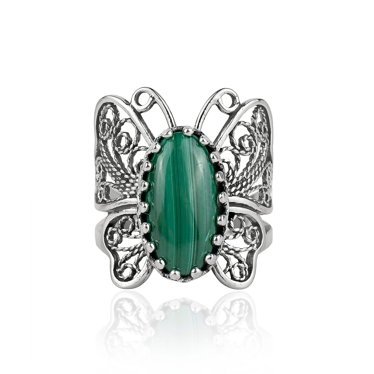 Filigranist Sterling Silver Filigree Art Butterfly Women Cocktail Ring with Gemstones (Malachite, 9)