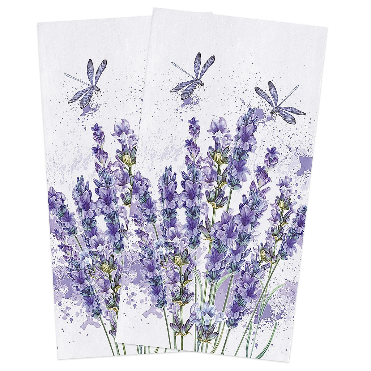 Kitchen Towels Set Lavender Flower Dish Towel Purple Floral Dragonfly Dishcloths 2 Pack, 18x28 Inches Absorbent Soft Cotton Dish Cloths Bar Towels & Tea Towels