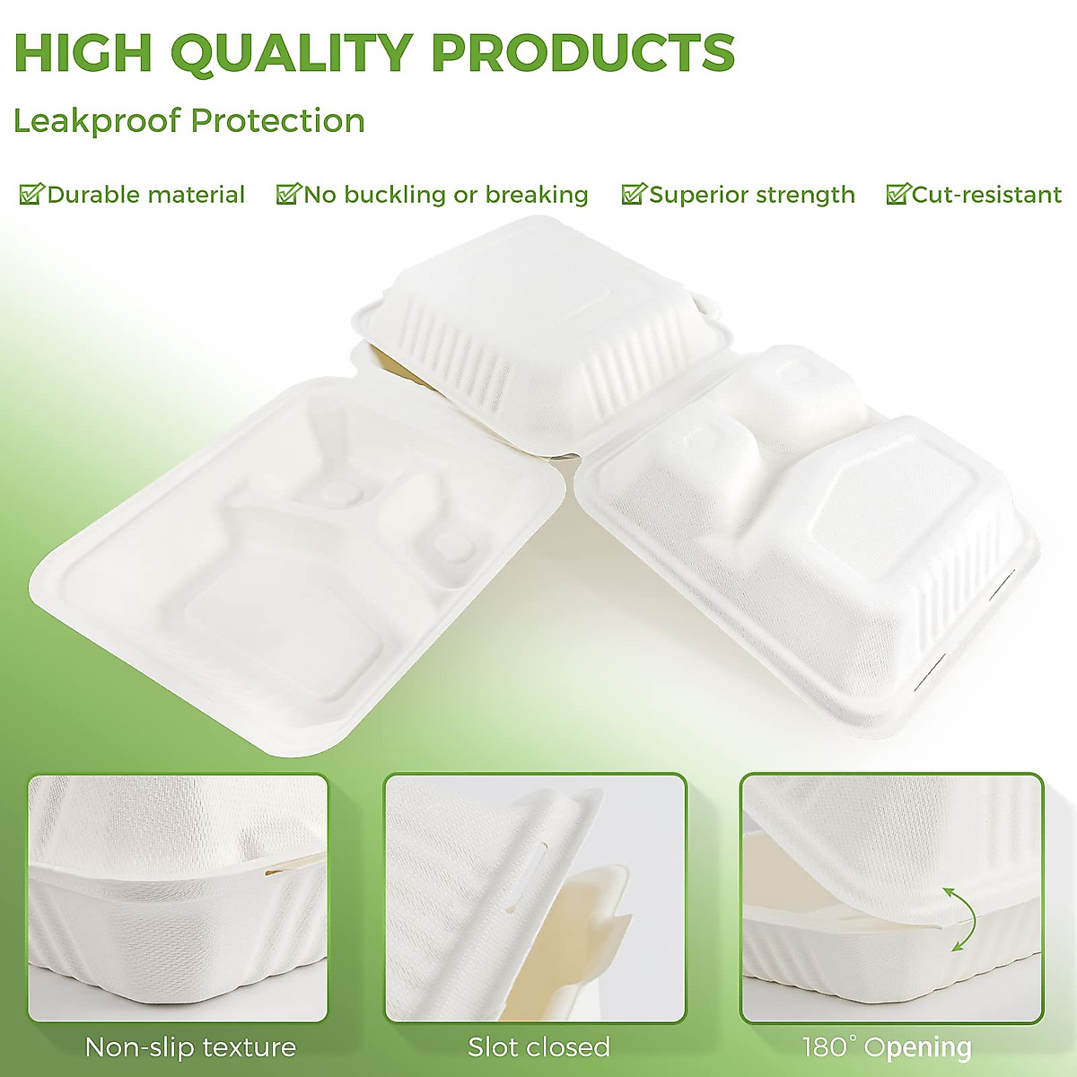Azure Zone, 8", 3-Compartment Compostable Clamshell, 200 Pack to Go Containers, Biodegradable Made of Sugar Cane Fibers
