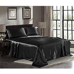 Satin Sheets Full [4-Piece, Black] Hotel Luxury Silky Bed Sheets - Extra Soft 1800 Microfiber Sheet Set, Wrinkle, Fade, Stain Resistant - Deep Pocket Fitted Sheet, Flat Sheet, Pillow Cases