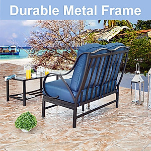 PatioFestival Patio Bench Sofa Outdoor Loveseat Conversation Set with Thick Cushion & Coffee Table Metal Frame Furniture for Deck Garden Poolside Balcony Beach(2 Seats, Blue)