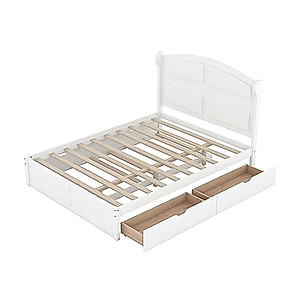 BOVZA Queen Size Platform Bed Frame with Headboard, Twin Size Trundle and 2 Drawers, White