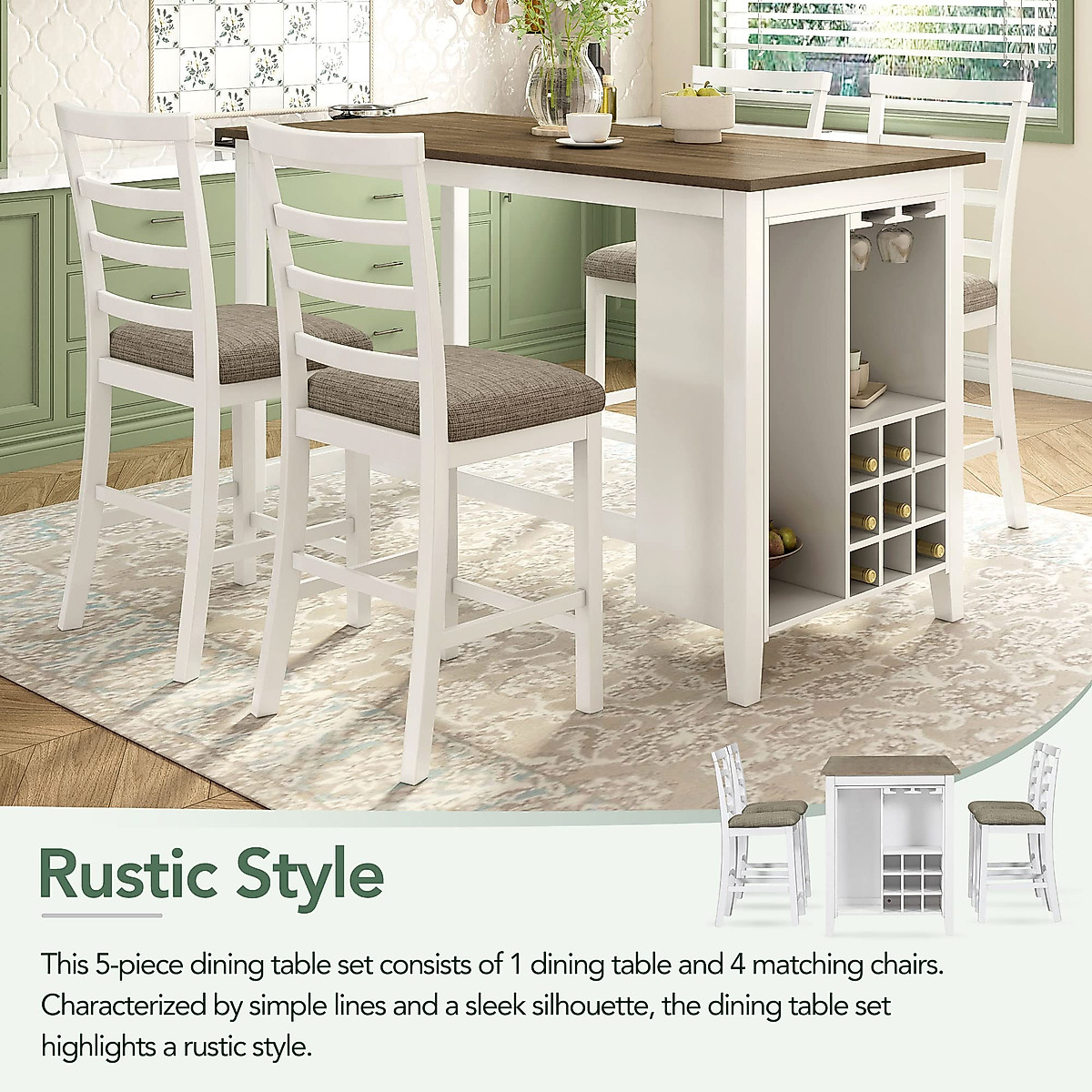 5-Piece Rustic Dining Table Set, Rubber Wood Counter Height Table with 4 Padded Chairs and Integrated 9 Bar Wine Compartment, Wineglass Holdersc for Dining Room Kitchen (Brown + White Wash-04)