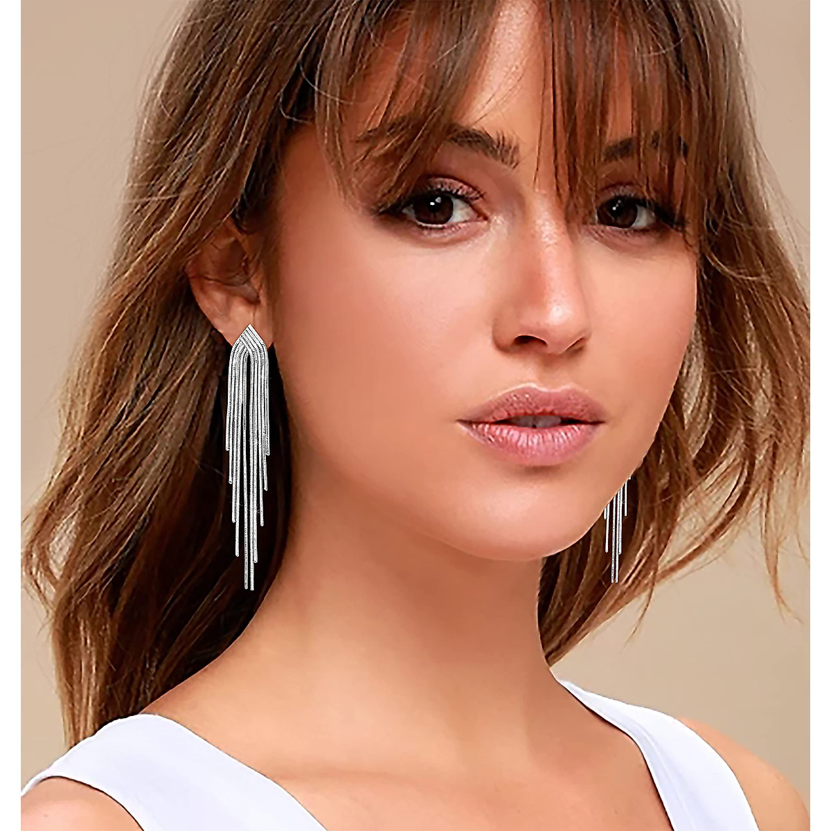 KristLand - S925 Silver/Alloy Hook Sleek Chain Tassel Drop Earrings Long Leather Fringe Dangle Simple Dainty Earrings Silver A Tassel