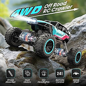 DEERC 1:12 Remote Control Car with Metal Shell, 4WD Off Road Monster Truck, Dual Motors LED Headlight RC Rock Crawler, 2.4Ghz All Terrain Hobby RC Cars Toys for Boys Kids Adults Gifts (W/2 Batteries)