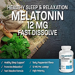 Bronson Melatonin 12mg Fast Dissolve Nighttime Sleep Aid Support & Relaxation Support, 360 Peppermint Vegetarian Lozenges