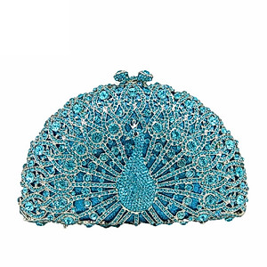 Boutique De FGG Peacock Crystal Clutch Bag Women Formal Evening Handbags Bridal Wedding Rhinestone Clutch Purse Party Bag, Mini, Light Blue
