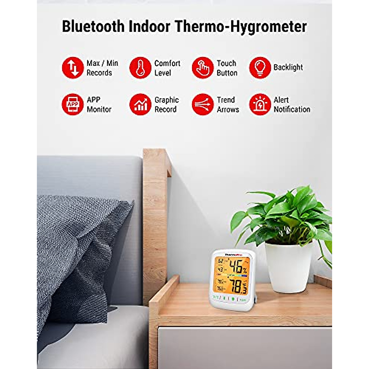 ThermoPro TP359 Bluetooth Hygrometer Thermometer, 260FT Wireless Remote Temperature and Humidity Monitor, with Large Backlit LCD, Indoor Room Thermometer and Humidity Gauge, Max Min Records