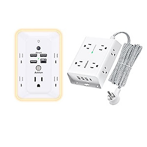 Surge Protector, Outlet Extender with Night Light, Addtam 5-Outlet Splitter and 4 USB Ports and 10Ft Surge Protector Power Strip with 8 AC Outlets and 4 USB Ports(1 USB C), for Home, Office and Dorm