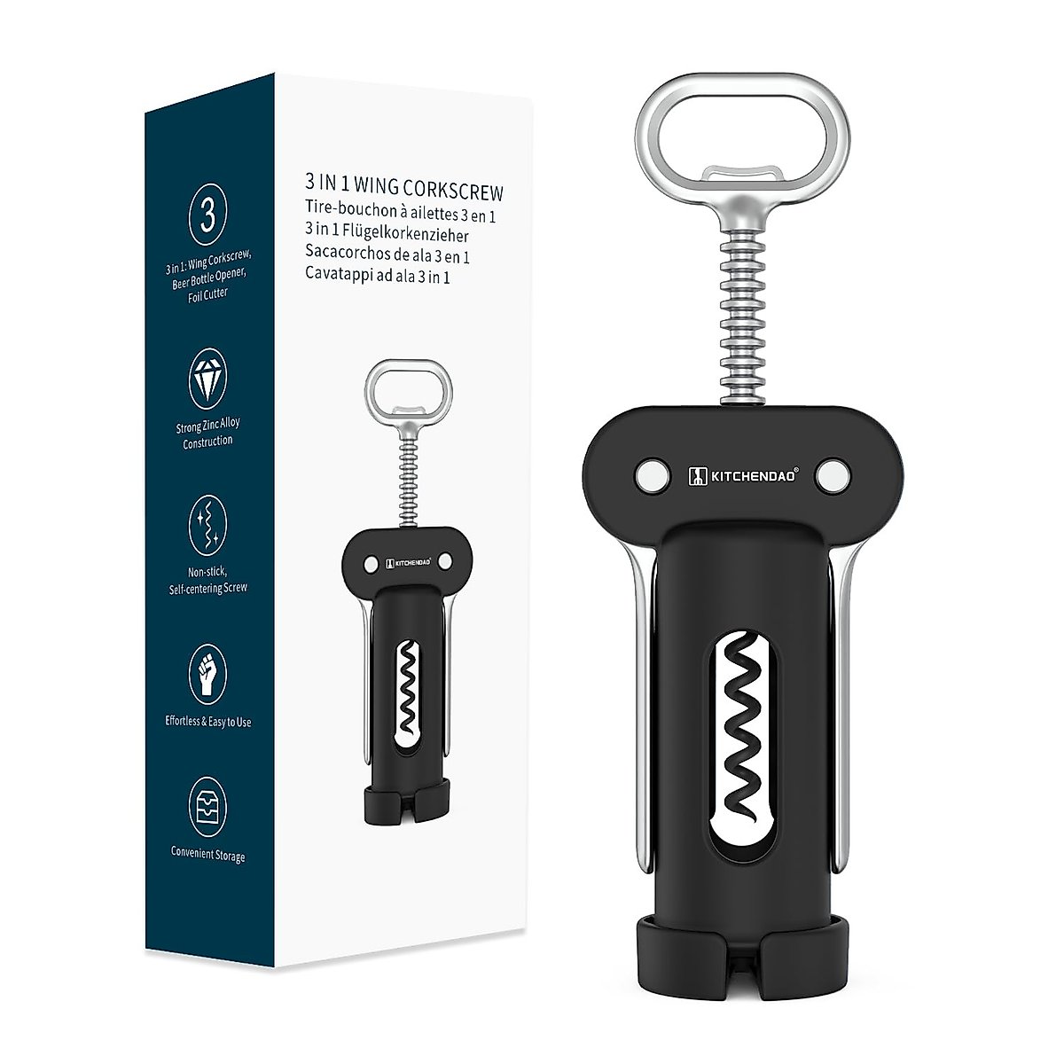 KITCHENDAO 3 in 1 Wing Corkscrew Wine Bottle Opener with Foil Cutter, Built-in Beer Bottle Opener, Multifunctional Wine Opener with Non-Stick Sharp Screw,Easy to Use, Manual Wine Corkscrew，Black