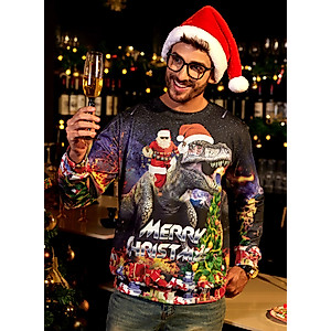 Arvilhill Christmas Mens Funny Holiday Xmas Santa Dinosaur Long Sleeve Sweater Ugly 3D Printed Party Sweatshirt M