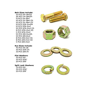 Grade 8 FINE Thread Hex Cap Bolts Screws, Nylon Nylok Lock Nuts, Washers, Lock Washers Assortment Kit - 574 Pieces!