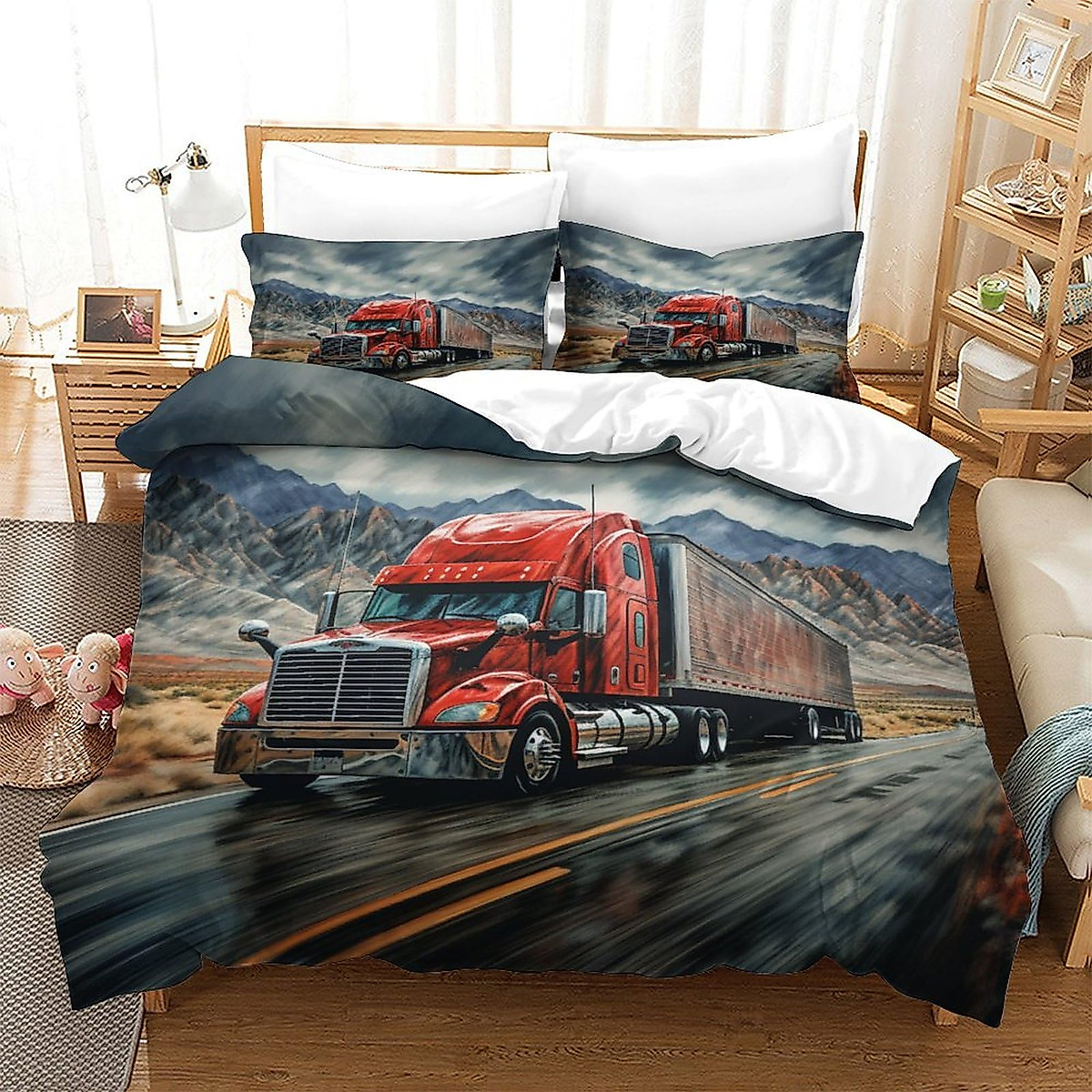 AAHARYA Red Semi-Trailer Quilt Cover 3D Printed Big Truck Bedding Set Comforter Covers Duvet Cover 3 Pieces with Pillowcases for Childrens and Adults Microfiber with Zipper Closure Twin（173x218cm）