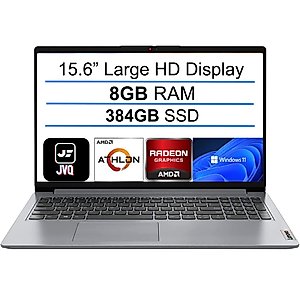 Lenovo 15.6" Laptop, IdeaPad, 8GB RAM, 384GB PCIe SSD, Wi-Fi 6 and Bluetooth 5.1, HDMI, SD Card Reader, 15.6" HD Anti-Glare Display, AMD Athlon Dual-core Processor, Windows 11 S, JVQ MP, Gray