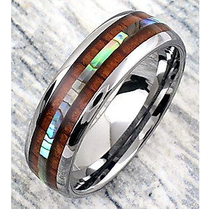King's Cross Personalized Engraved Elegant 6mm/8mm Silver Tungsten Wedding Band w/Beautiful Koa Wood & Abalone Inlays (tungsten (8mm), 12.5)
