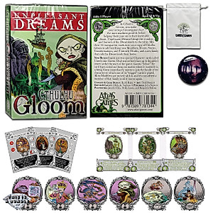 Terror, Insane and Madness Possibilities with Fairy Tales Gloom Cthulhu Card Games and The Expansion: UNPLEASANT Dreams Bundle with Random Color Drawstring Bag Plus 1inch Darkness Token