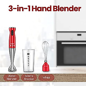 COMFEE' Immersion Hand Blender, Brushed Stainless Steel, 2-Speed, Multipurpose Stick Blender with 200 Watts, 600ml Mixing Beaker and Whisk, Perfect for Baby Food, Smoothies, Sauces and Soups, Red