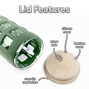 purifyou 32 oz Glass Tumbler with Straw, Bamboo Lid & Protective Silicone Sleeve Glass Tumbler with Volume & Time Markings for Hot & Iced Coffee, Smoothie, Boba Tea (Shale Green)