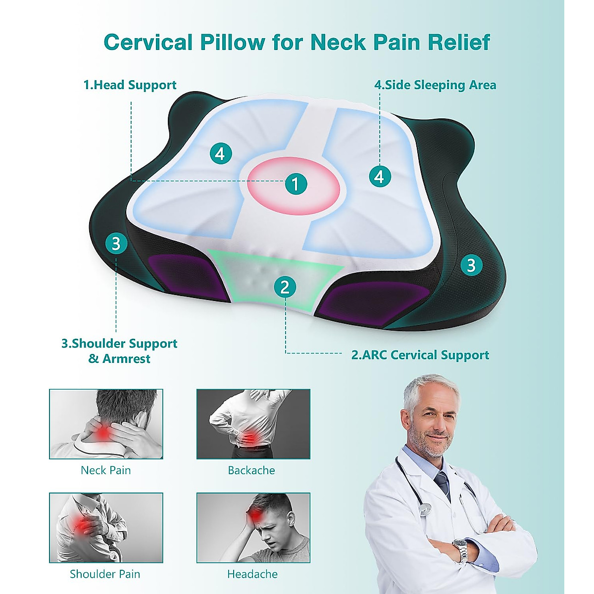 FAIORD Cervical Memory Foam Contour Pillows for Neck and Shoulder Pain, Adjustable Support Side Sleeper Pillows with Cooling Pillow Cases, Bed Pillow for Back Stomach Sleepers Black