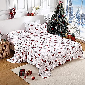 STARBEDIA Christmas Flannel Sheets Twin, 100% Cotton Holiday Bed Sheet Set, Deep Pocket Fitted Sheet, Soft Warm Brushed Christmas Sheet (Twin Size, Red Christmas Deer)