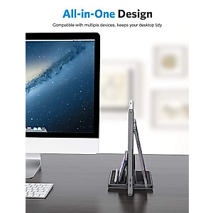 OMOTON Upgraded Laptop Vertical Stand, 3-in-1 Laptop Holder Dock with Sturdy Silicone Pads for Ultra Protection, Suitable for iPhone/iPad/MackBook Pro/Surface/Samsung/Android Tablets, Black