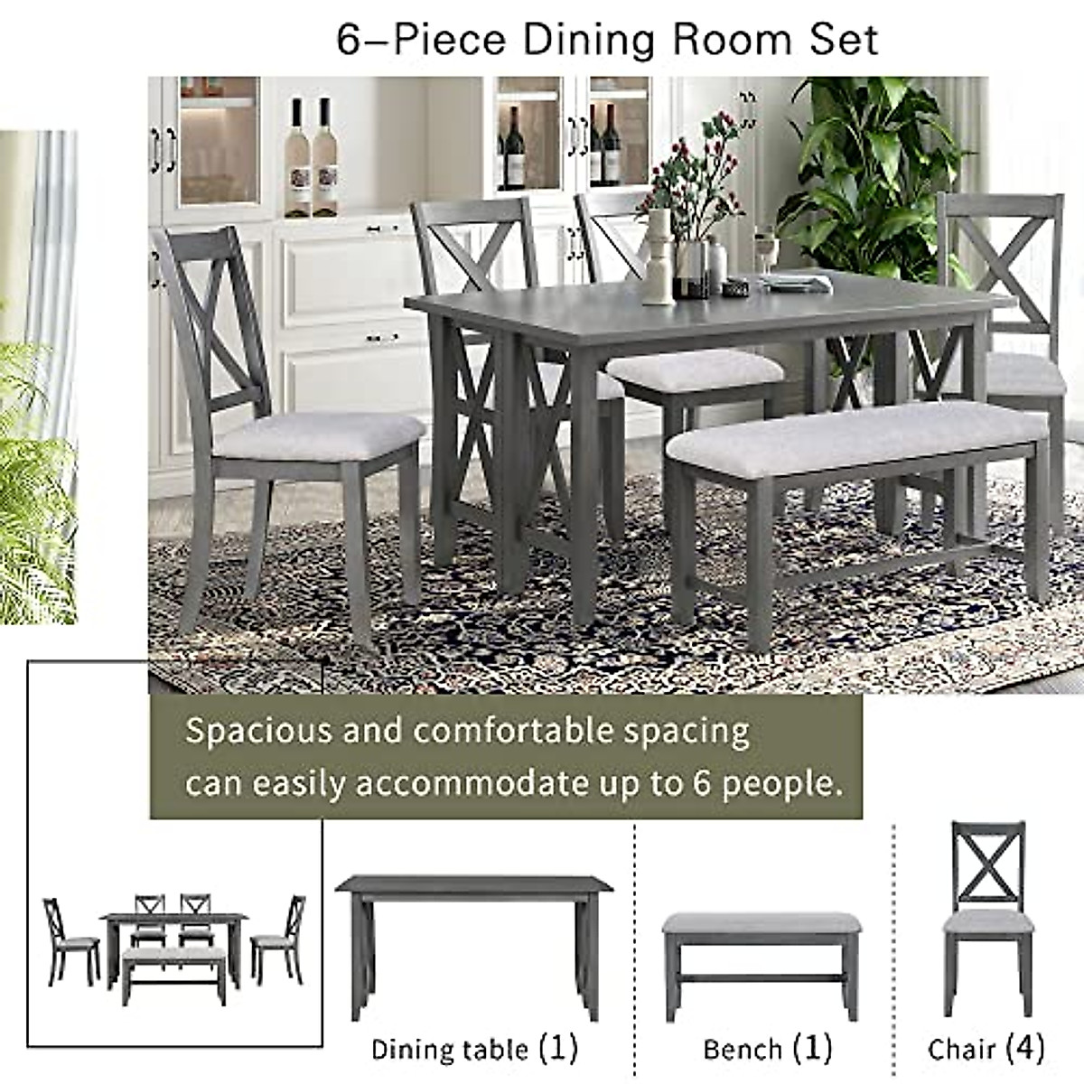 6 Pieces Dining Table Set, Wood Rectangle Table and 4 Chairs with Bench with Cushion, Kitchen Table Chairs Set for 6 Persons (Gray)