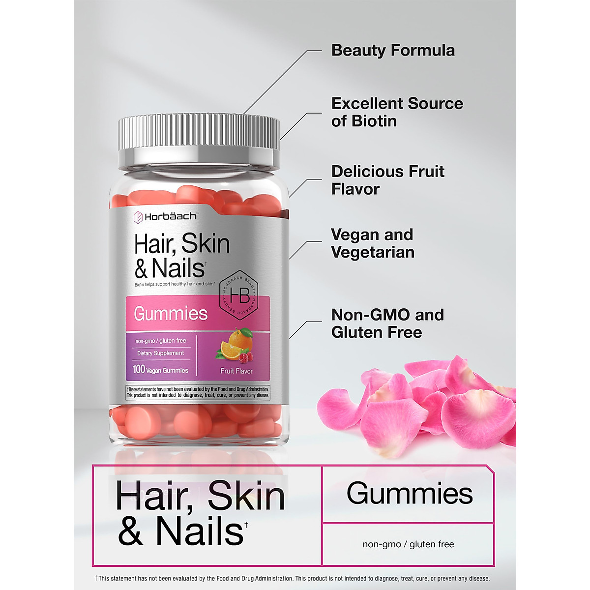 Horbäach Hair Skin and Nails Gummies | 100 Count | with Biotin | Fruit Flavored Vitamins | Non-GMO, Gluten Free Supplement